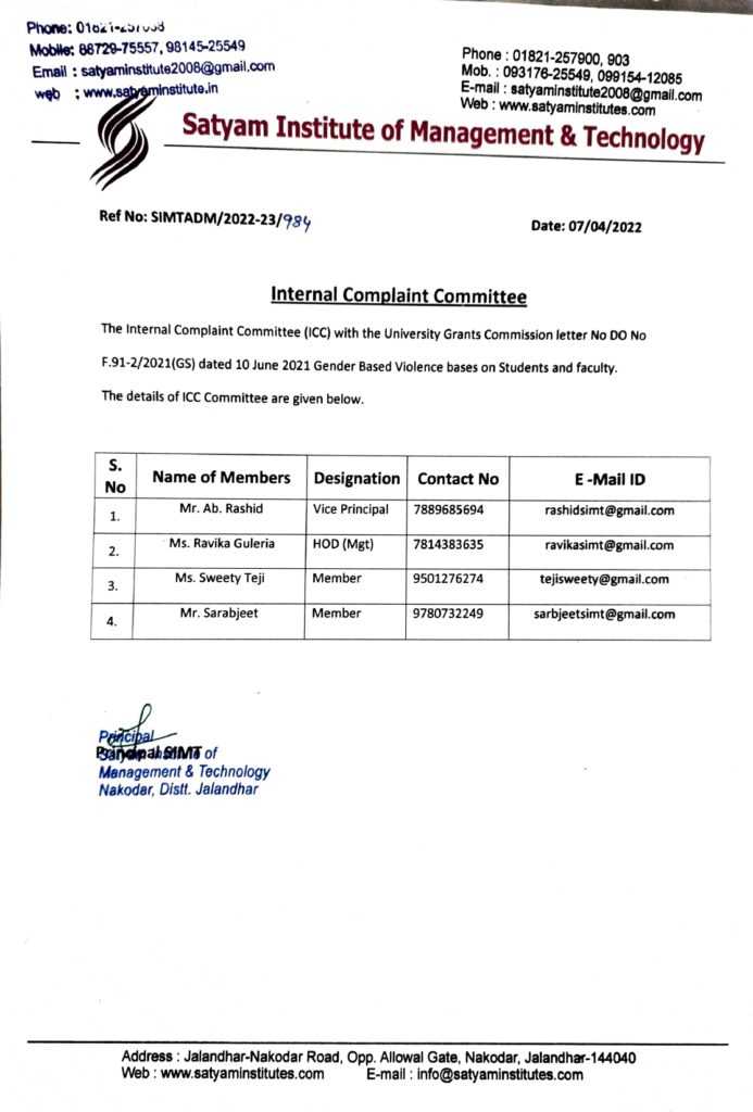 Internal Complaint - Satyam Group Of Institutes